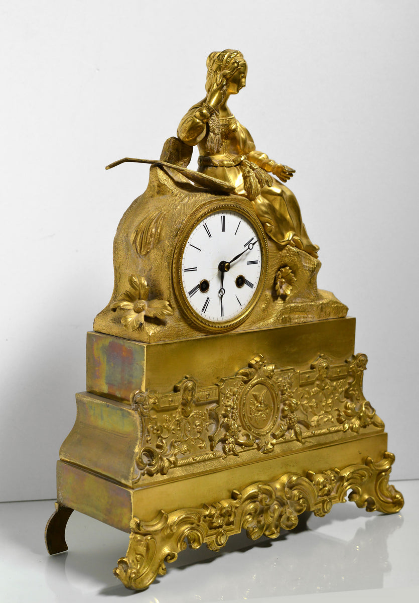 Italian Girl with Mandolin French Gilt Bronze Figural Clock 19th centu ...