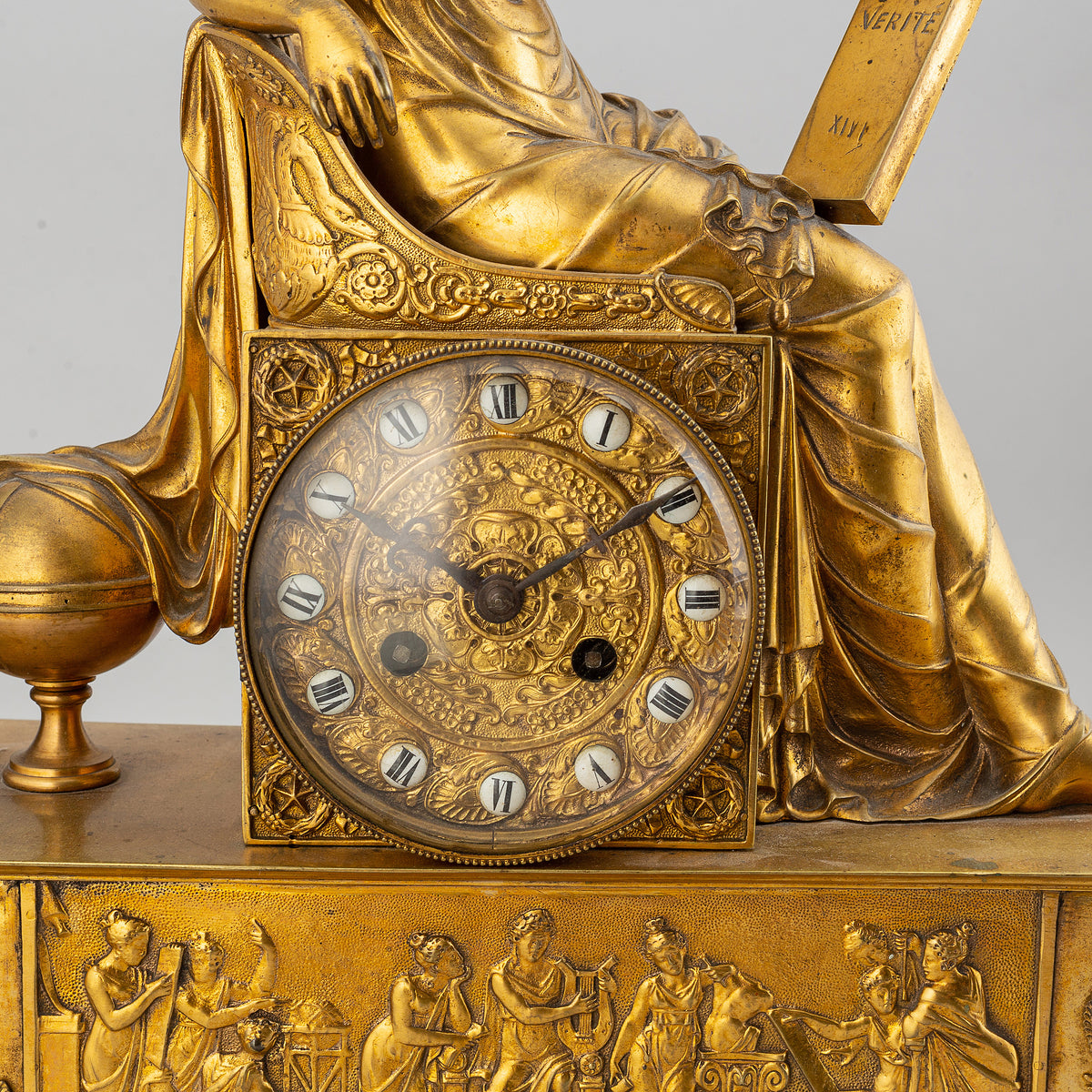 Awesome 19C antique French gilded bronze clock greek goddess of truth ...