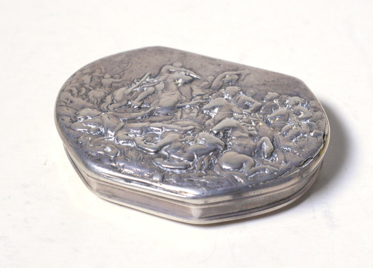 18C Antique Baroque Repousse Silver Trinket box w Battle Scene ...