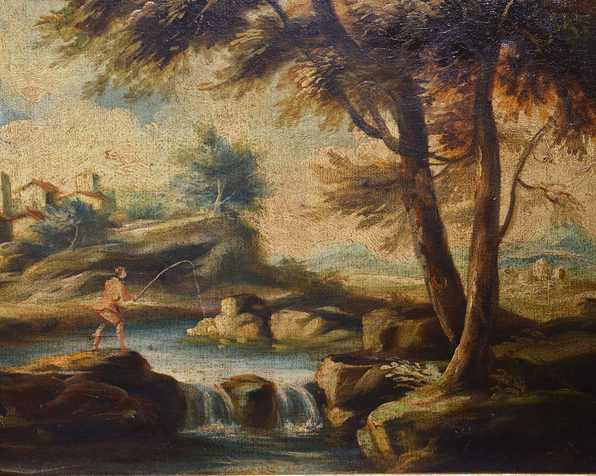 Baroque Capriccio landscape River fishing scene Antique oil painting f ...