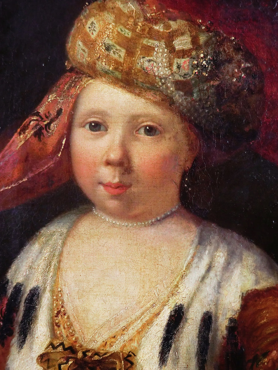 Antique 18C French oil painting on canvas portrait of noble girl w pea ...